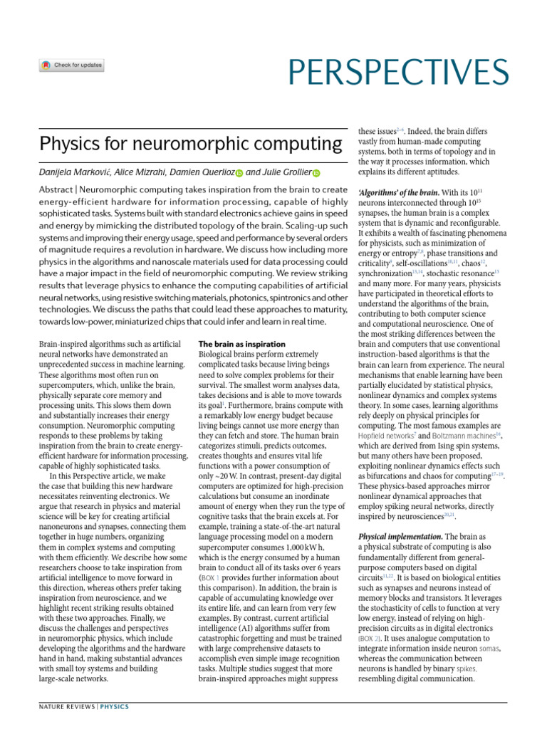 Physics For Neuromorphic Computing - REVIEW - KALO | PDF