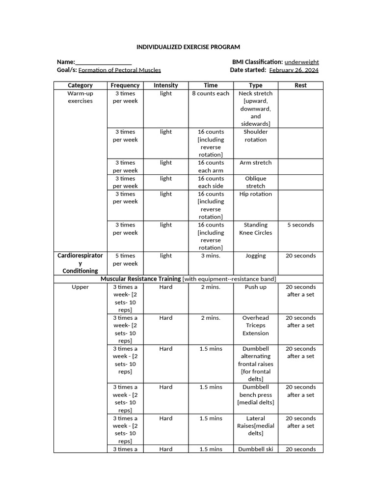 Sample of INDIVIDUALIZED EXERCISE PROGRAM | PDF