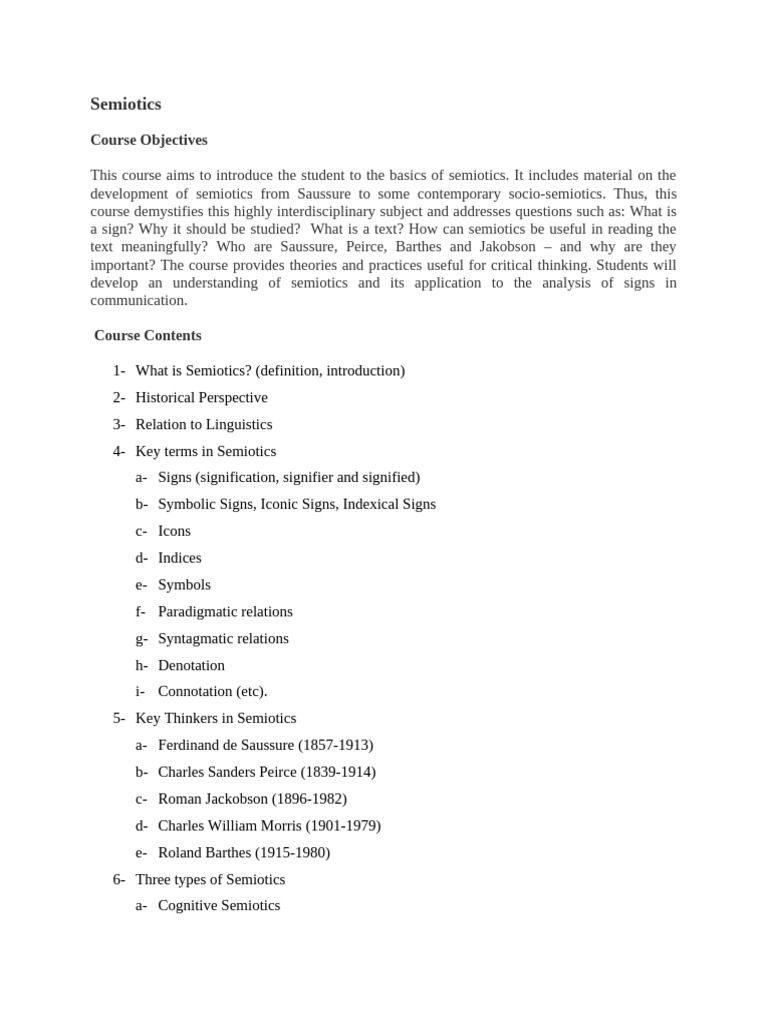 Course Outline of Semiotics | PDF | Social Science | Language Arts & Discipline