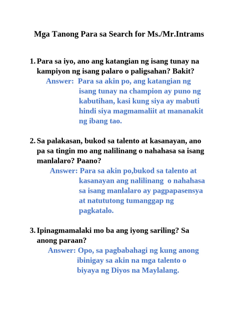 Mga Tanong para Sa Search For Mr. and Ms. Intamural | PDF