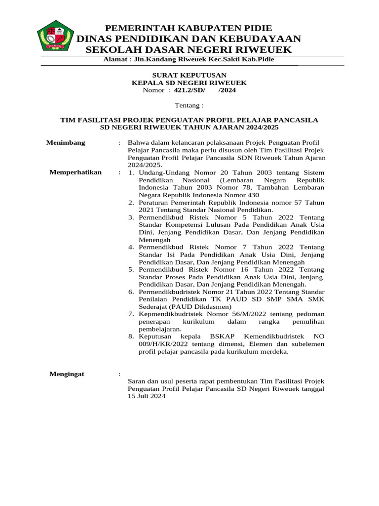 SK Tim Fasilitasi Projek Profil Pelajar Pancasila (P5) | PDF