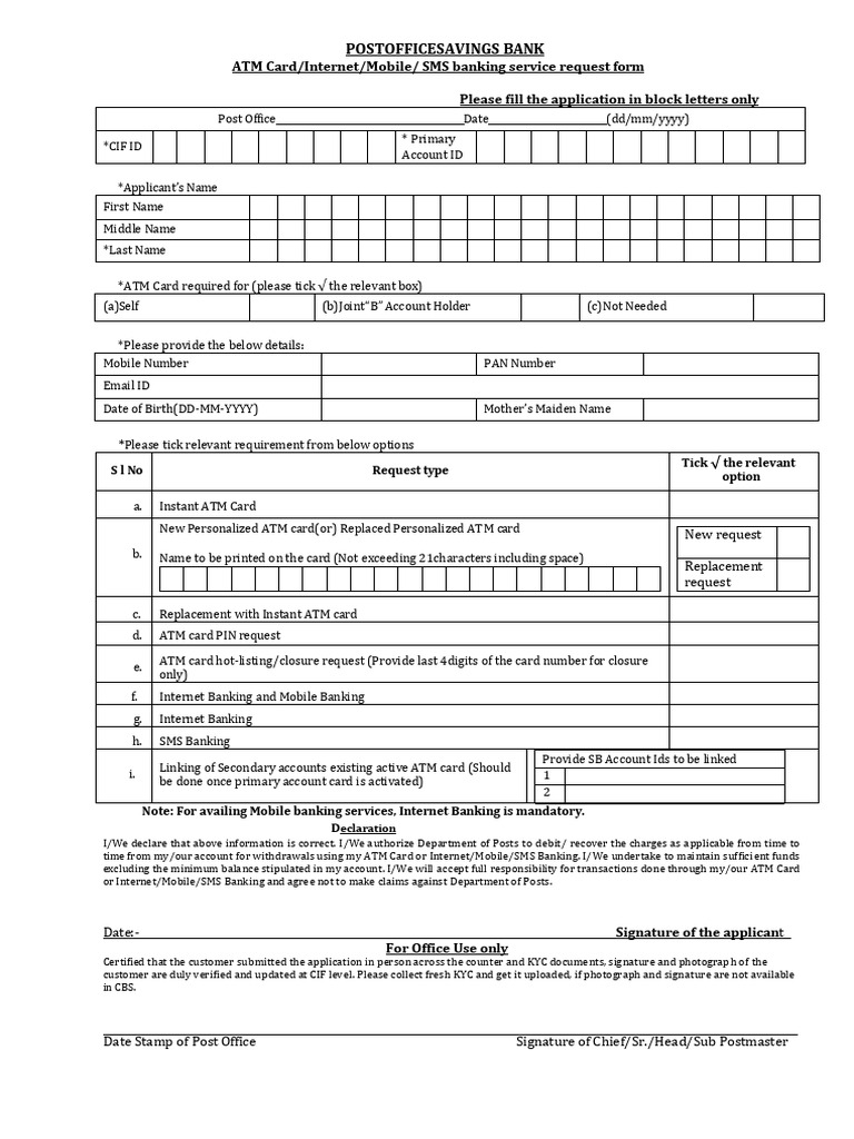 Postal Banking Service Request Form | PDF | Automated Teller Machine ...