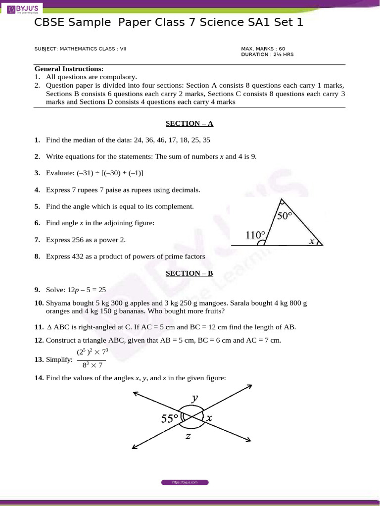 CBSE Sample Paper Class 7 Maths SA1 Set 1 | PDF