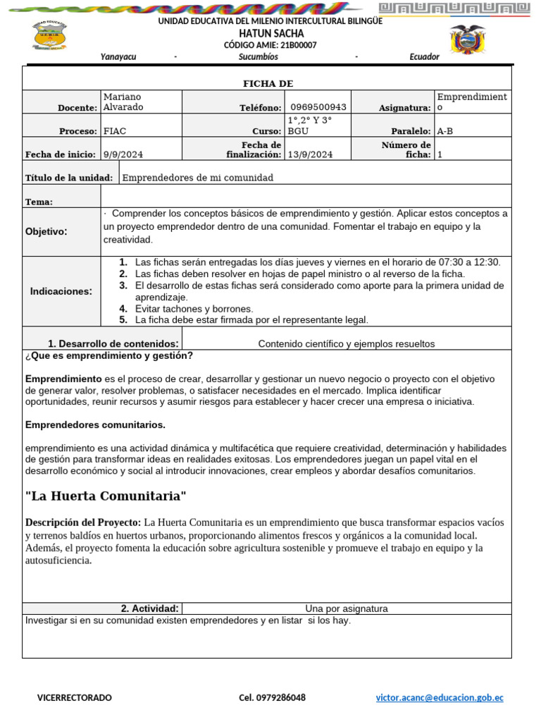 Ficha #1 de Emprendimiento y Gestión 1°,2° y 3° Bgu A, B, C | PDF