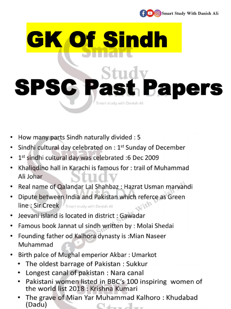 SPSC Past Papers for GK of Sindh | PDF