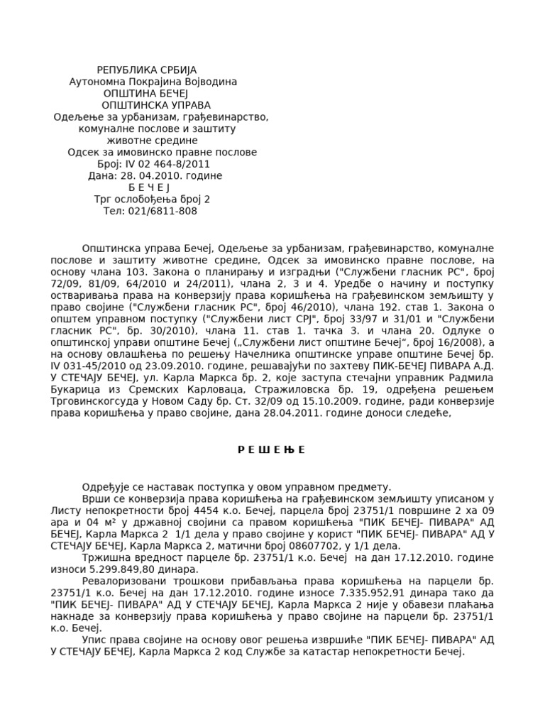 Konverzija Pivara Resenje | PDF