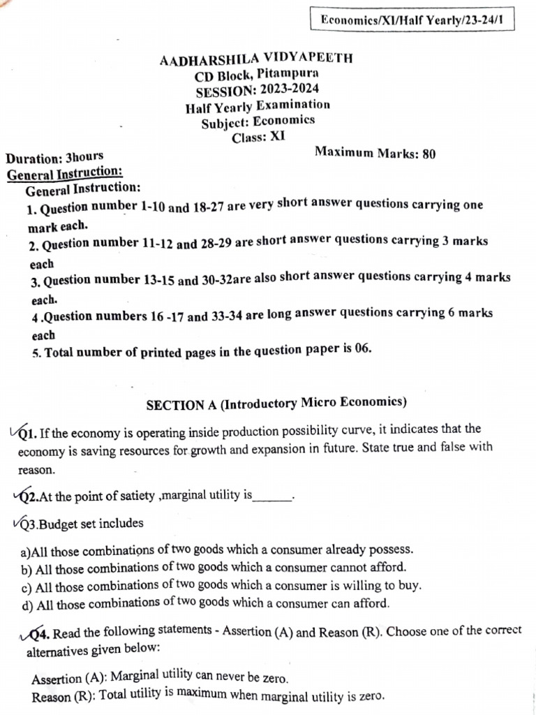 Aadharshila Vidyapeeth Half Yearly Economic Question Paper | PDF