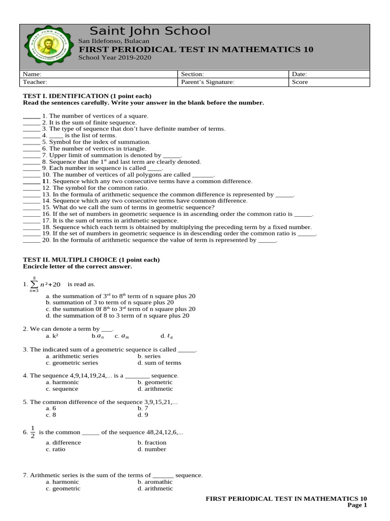 1st Periodical Test Math | PDF