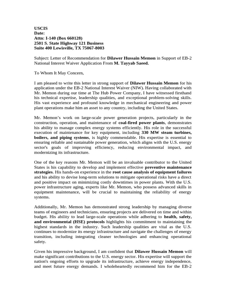 Recommendation for EB-2 NIW: Dilawer Memon | PDF | Infrastructure ...
