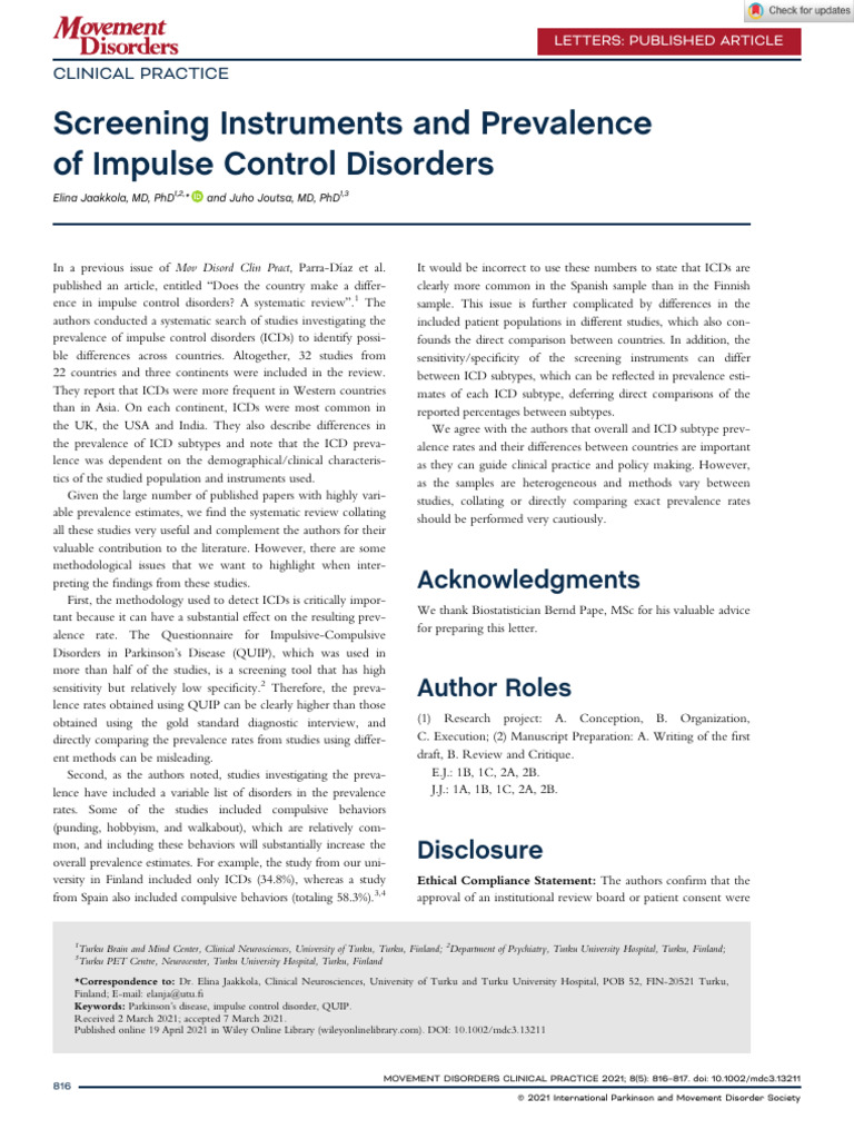 Movement Disord Clin Pract - 2021 - Jaakkola - Screening Instruments and Prevalence of Impulse ...