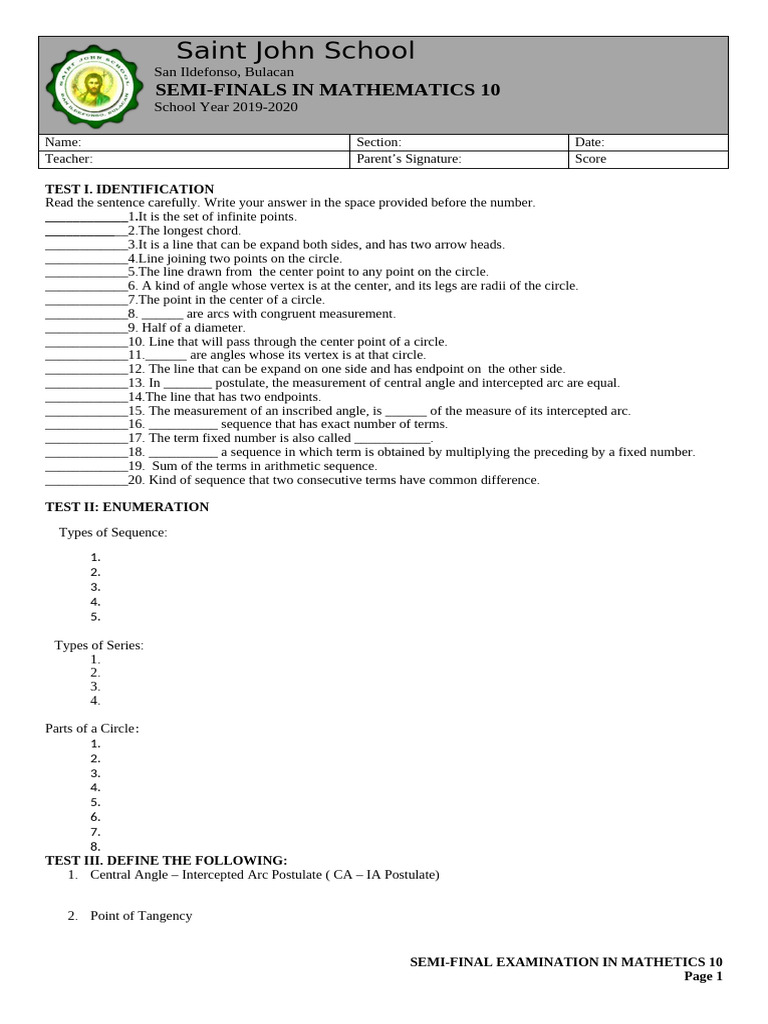 Semi - Final Exam in Mat 10 | PDF