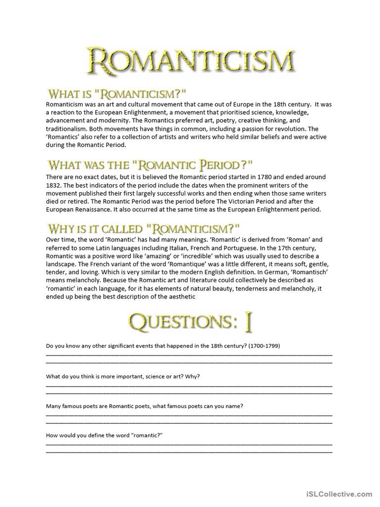 Romanticism Introductory Worksheet | PDF