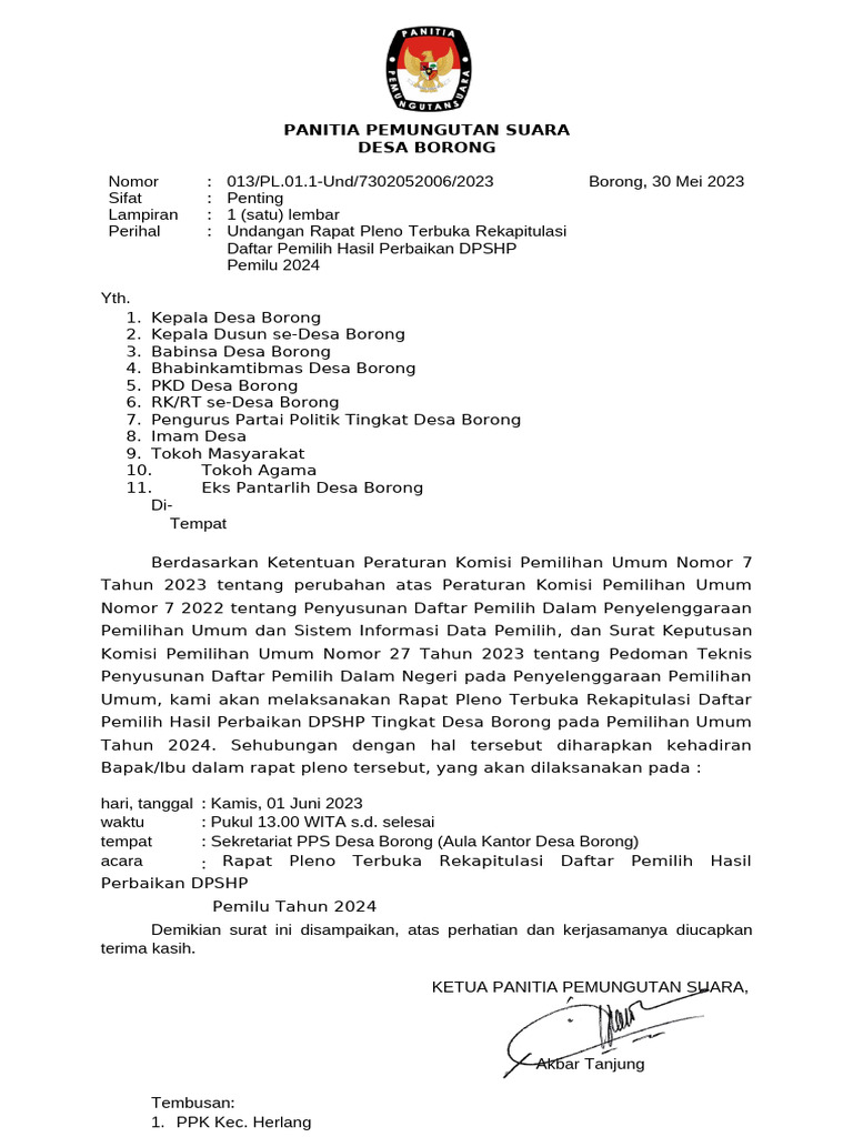 013 Undangan RAPAT PLENO PERBAIKAN DPSHP TTD KOREKSI PKPU | PDF