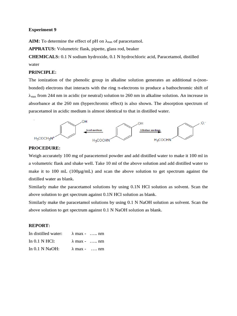 Experiment 9 (Effect of PH On Absorption Maxima of Paracetamol) | PDF | Wellness | Science ...