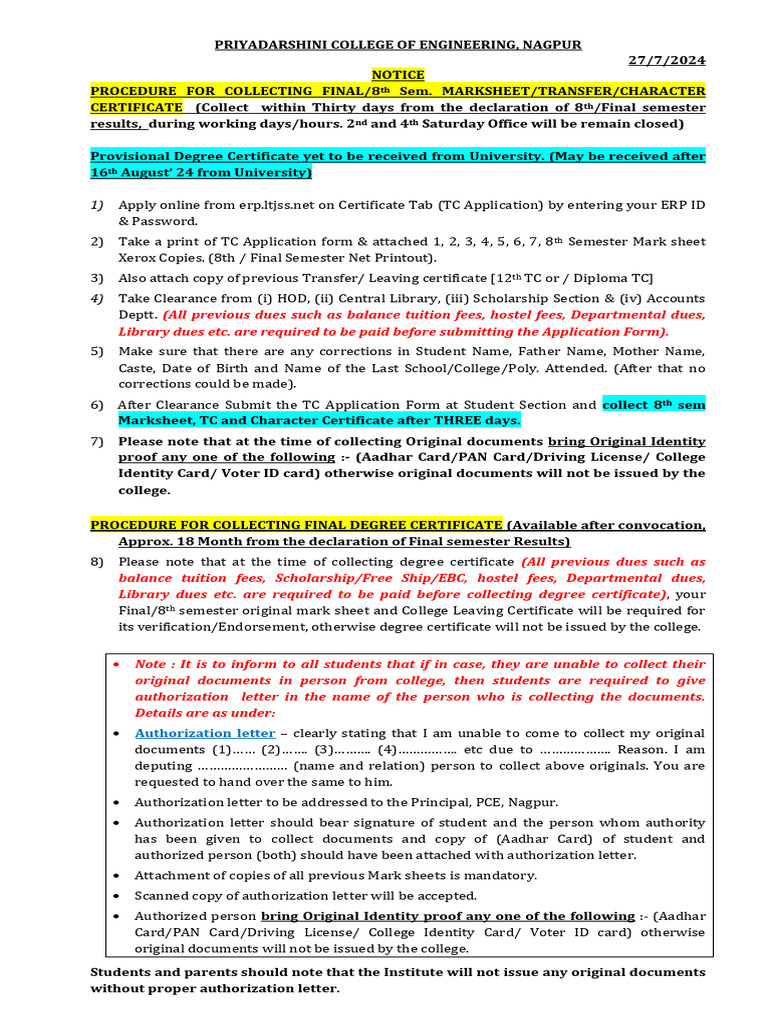 8 Sem Marksheet & TC Issuing Procedure | PDF
