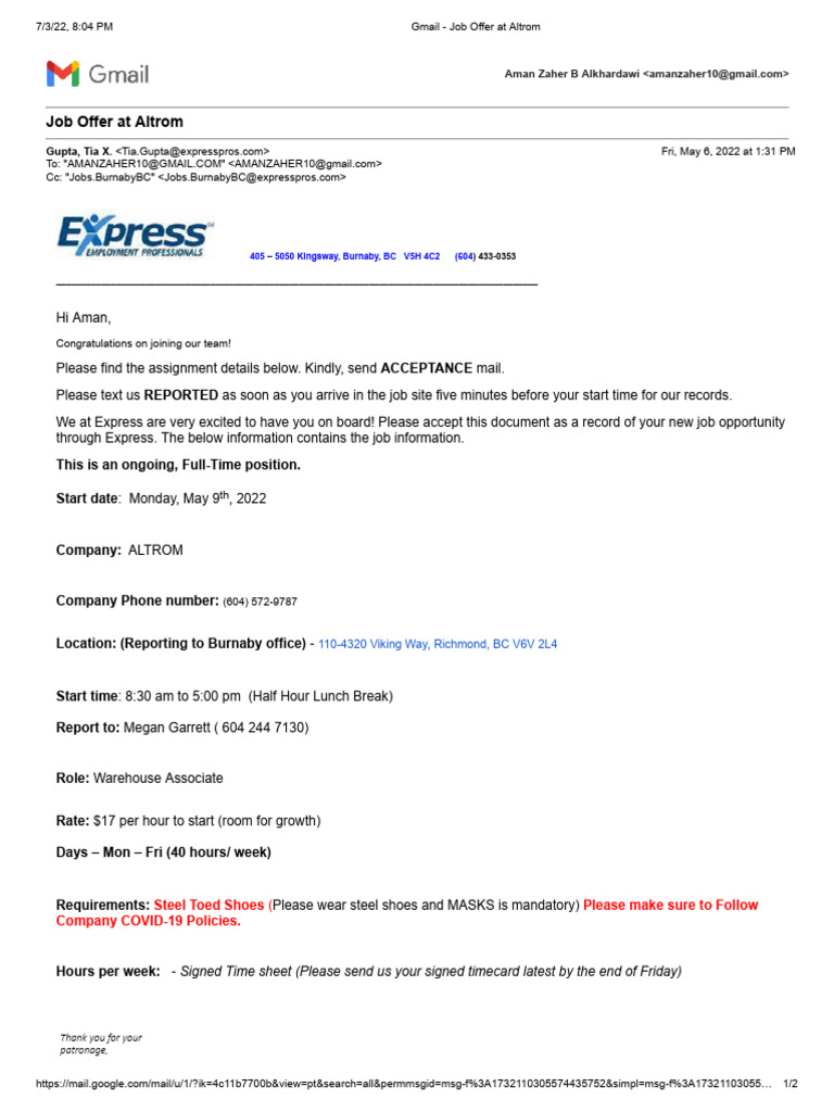 Job Offer at Altrom | PDF