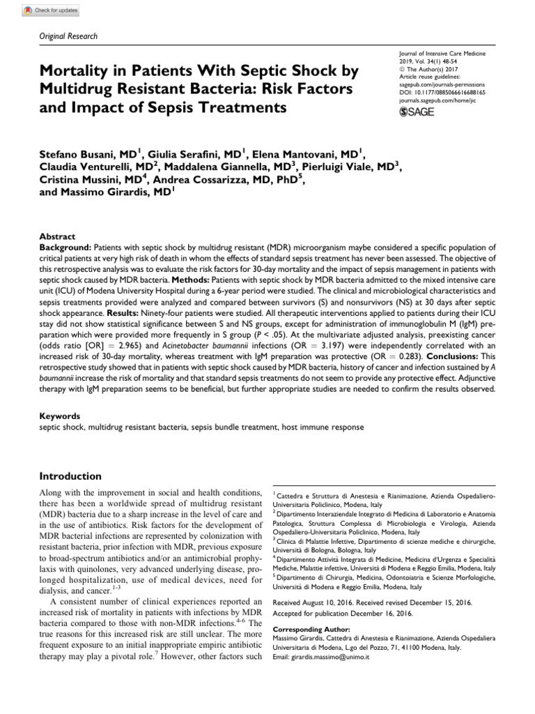 Mortality in Patients With Septic Shock by Multidrug Resistant Bacteria ...