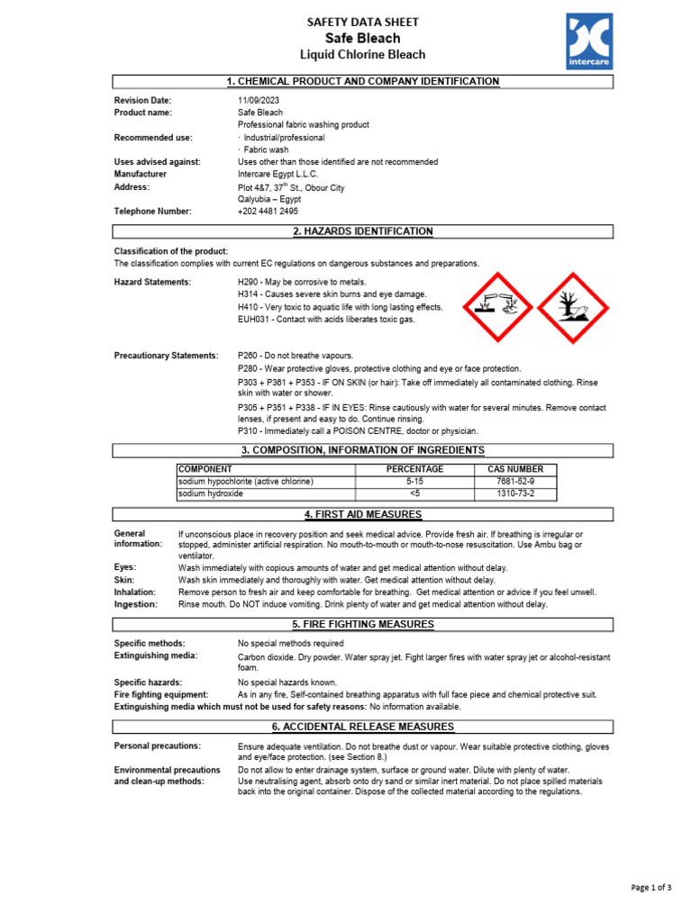Safe Bleach SDS | PDF | Bleach | Dangerous Goods
