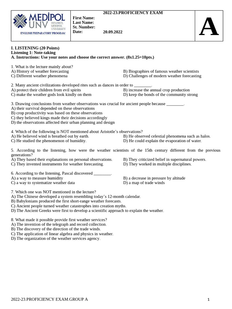 2022-23.Proficiency Exam.Main Paper.Group A (1) | PDF