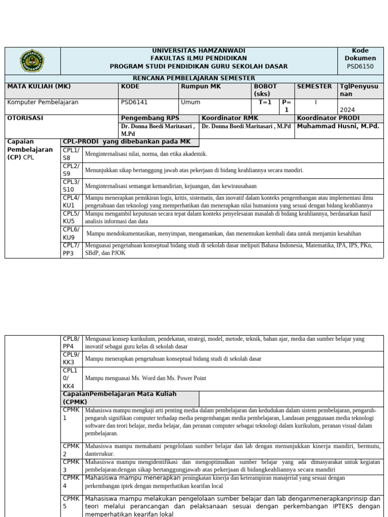 RPS Komputer Pembelajaran | PDF