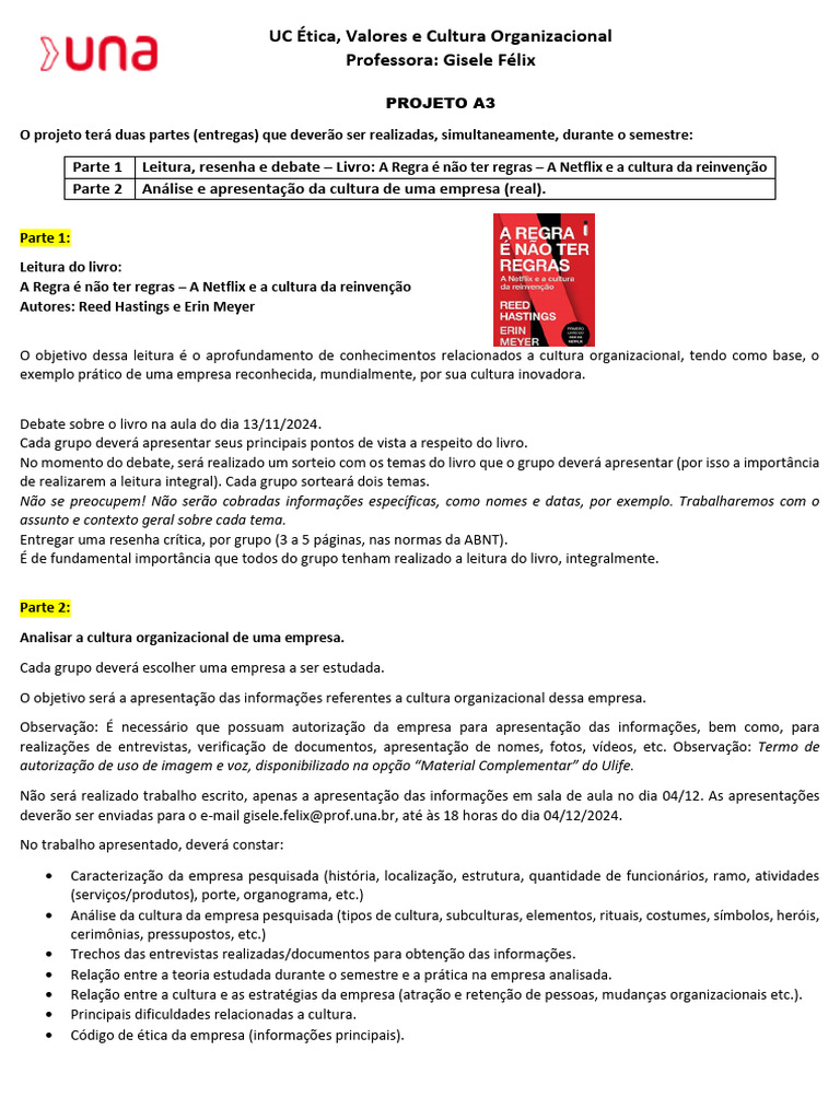 Projeto A3 - UC Ética, Valores e Cultura Organizacional - 2024-2 | PDF