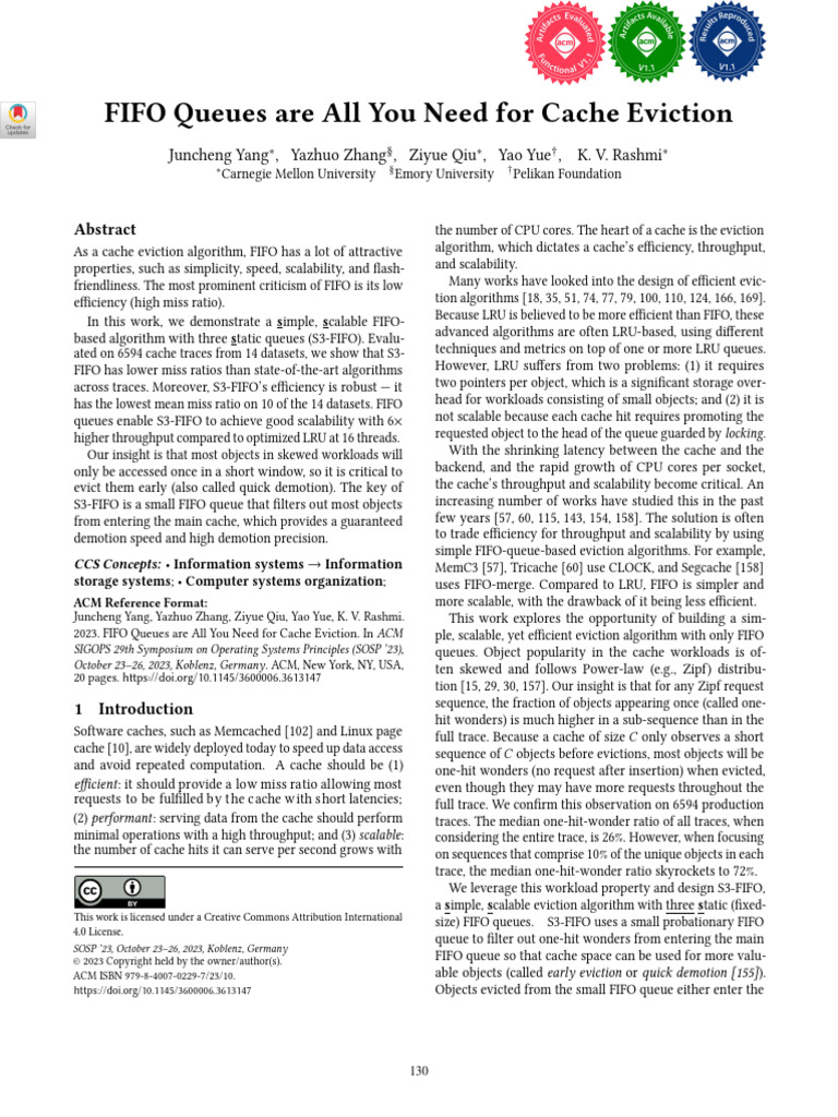 FIFO Queues Are All You Need For Cache Eviction: Juncheng Yang, Yazhuo ...