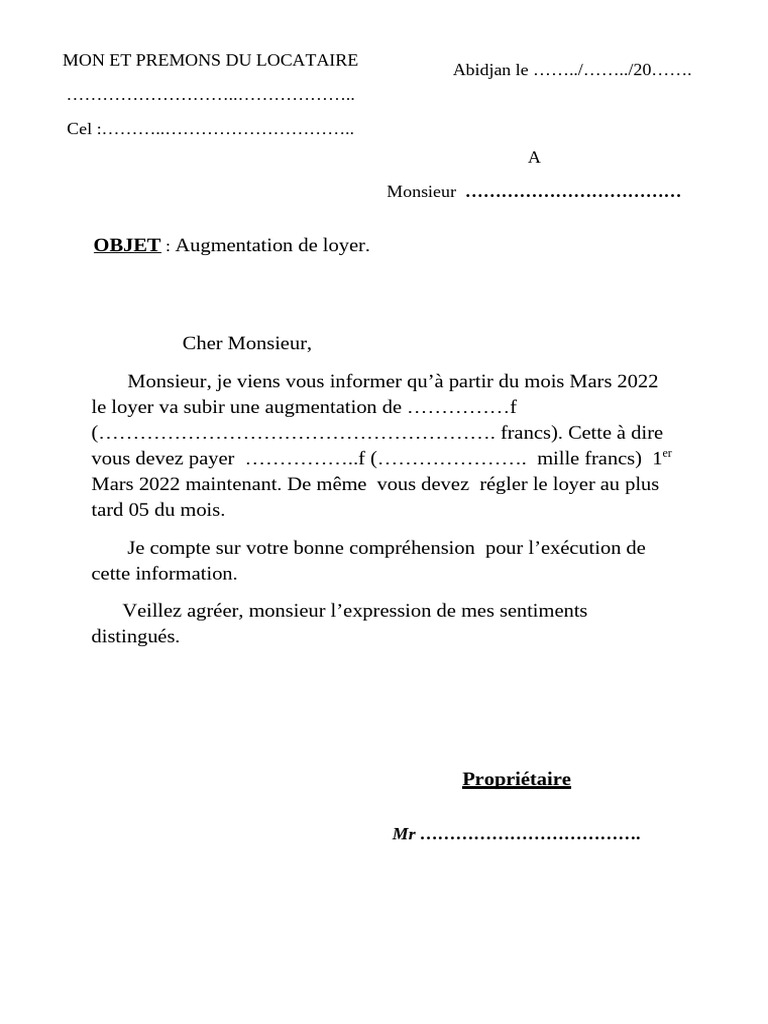 Postmodele De Lettre Augmentation Loyer