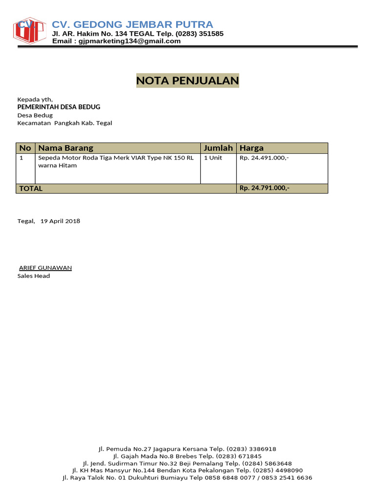 Kop Surat Nota Penjualan Ds Bedug | PDF