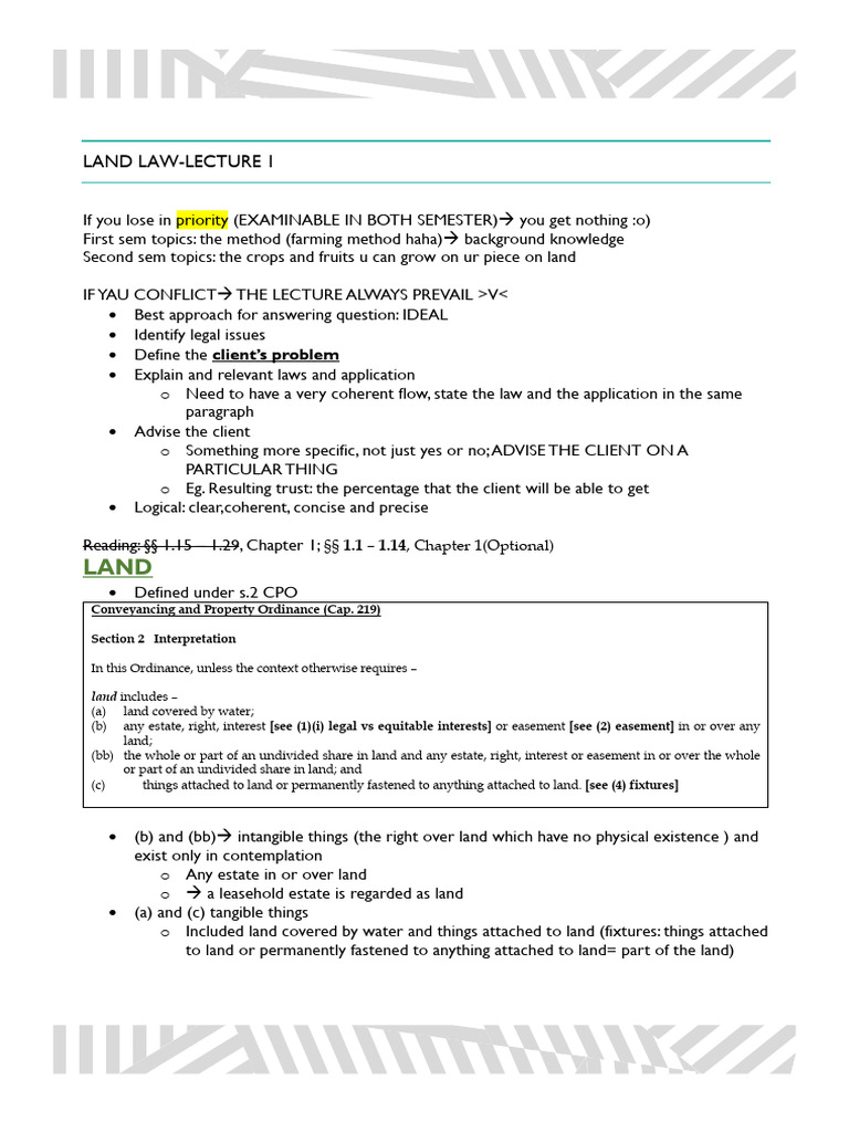 Land Law - Sem 1 Notes | PDF