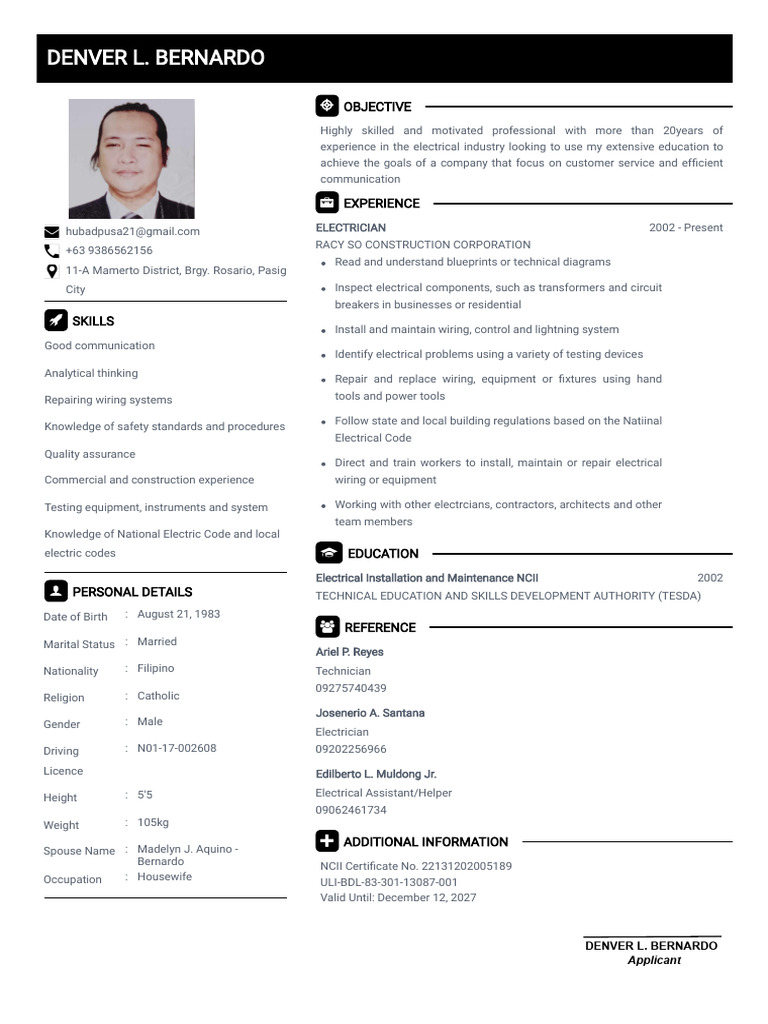 Denver Bernardo - Resume (1) With Applicant Signature | PDF