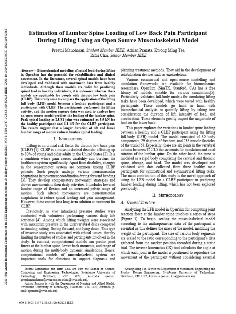 Estimation of Lumbar Spine Loading of Low Back Pain Participant During ...