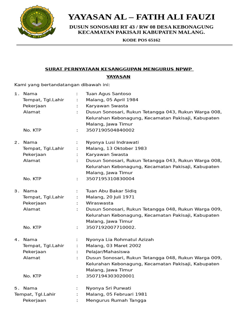 Pernyataan Mengurus NPWP | PDF