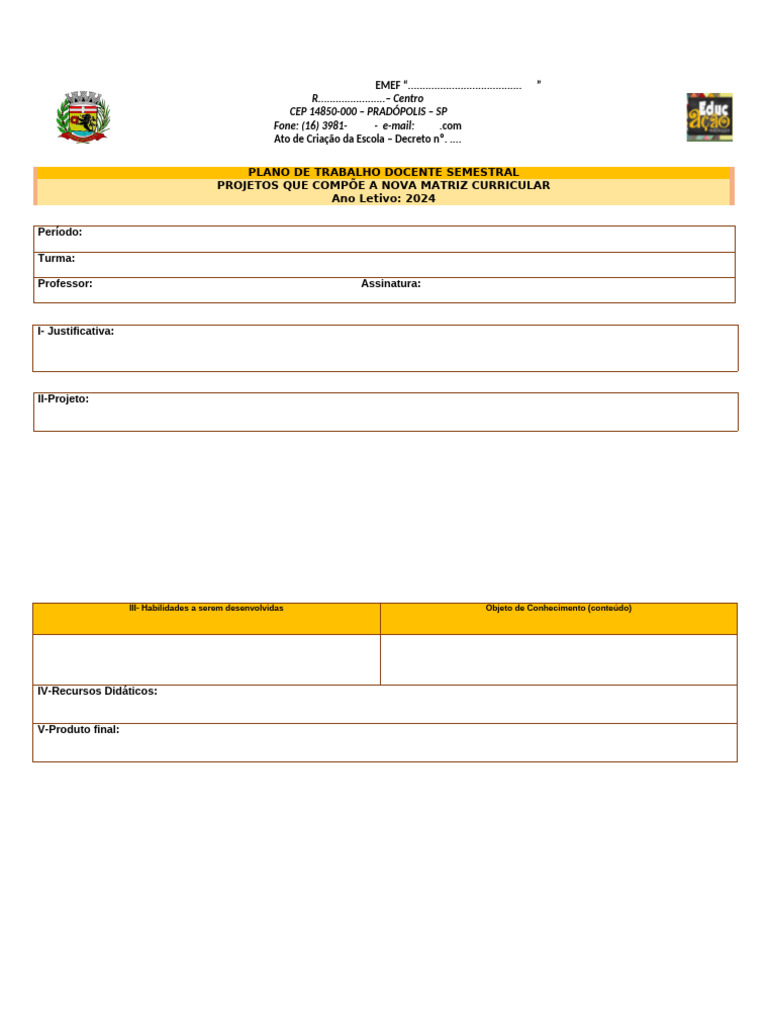 Plano de Aula Projetos Da Nova Grade Curricular | PDF