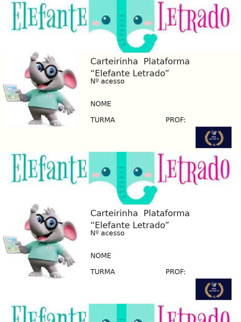 Cartão de Identificação Infantil Colorido Elefante Letrado 1 Ano A | PDF