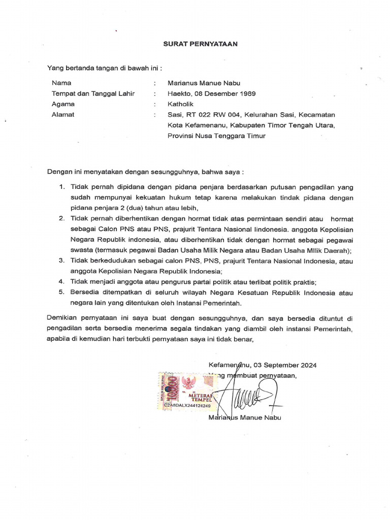 Surat Pernyataan - 013428 | PDF