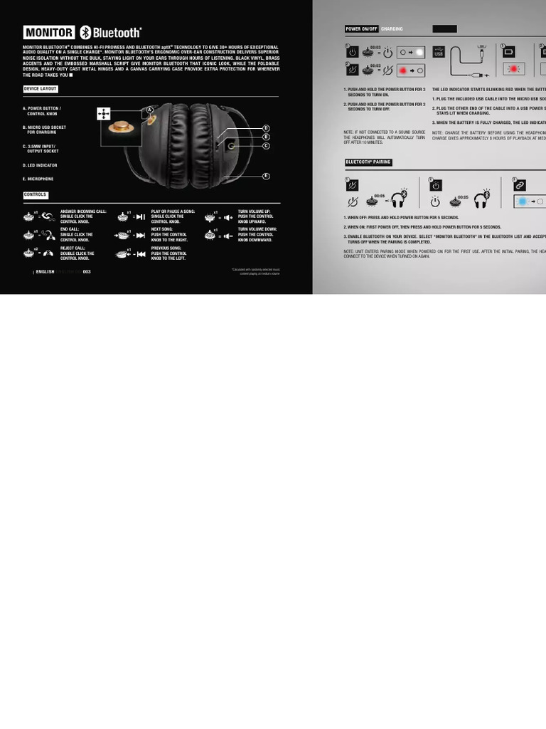 User Manual Marshall Monitor Bluetooth (English - 55 Pages) | PDF
