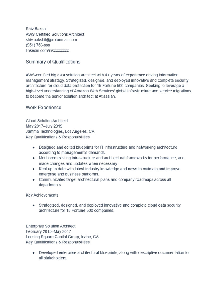 AWS Solutions Architect Sample Resume (1) (2) | PDF