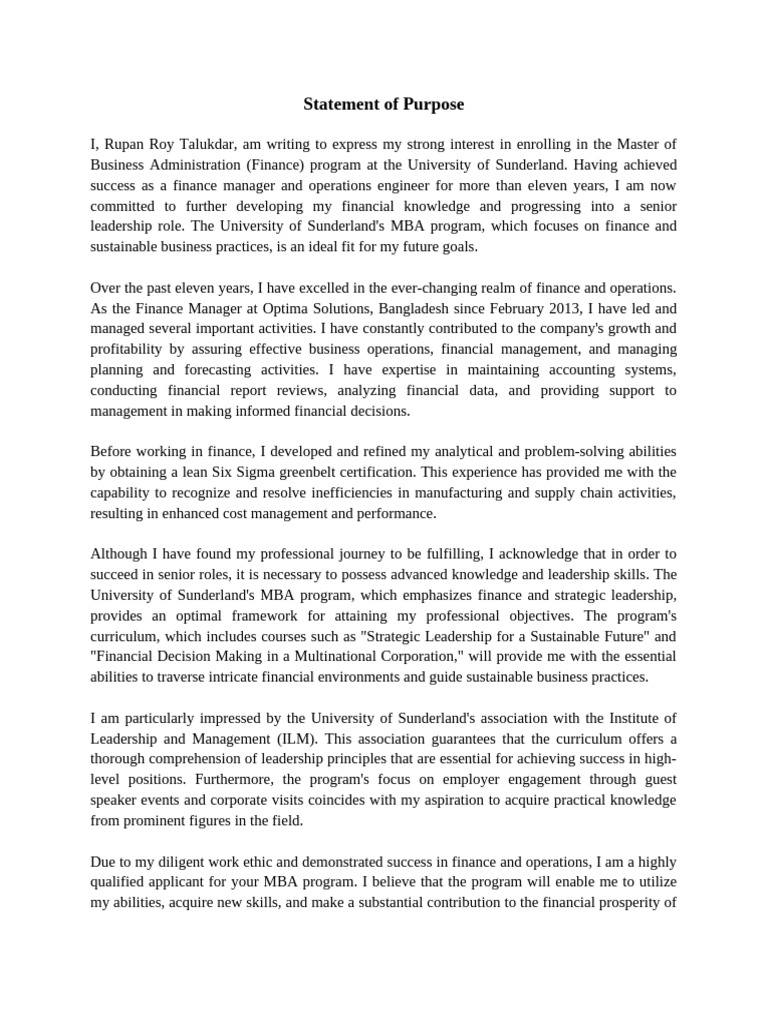 SOP - MBA - Rupan Roy Talukdar | PDF