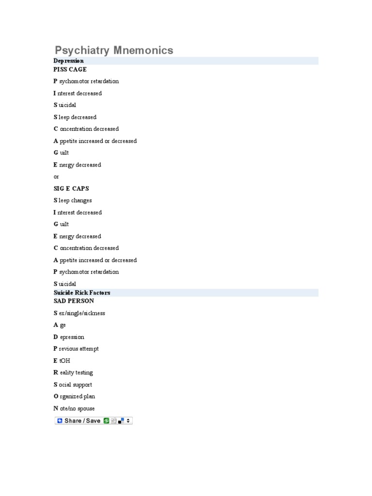 Psychiatry Mnemonics for Depression | PDF | Major Depressive Disorder ...