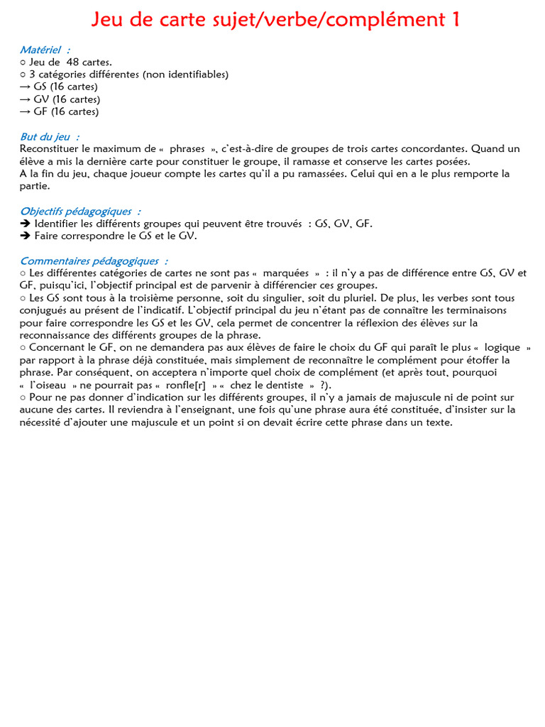 Jeu de Carte Sujet Verbe Complement 1 | PDF