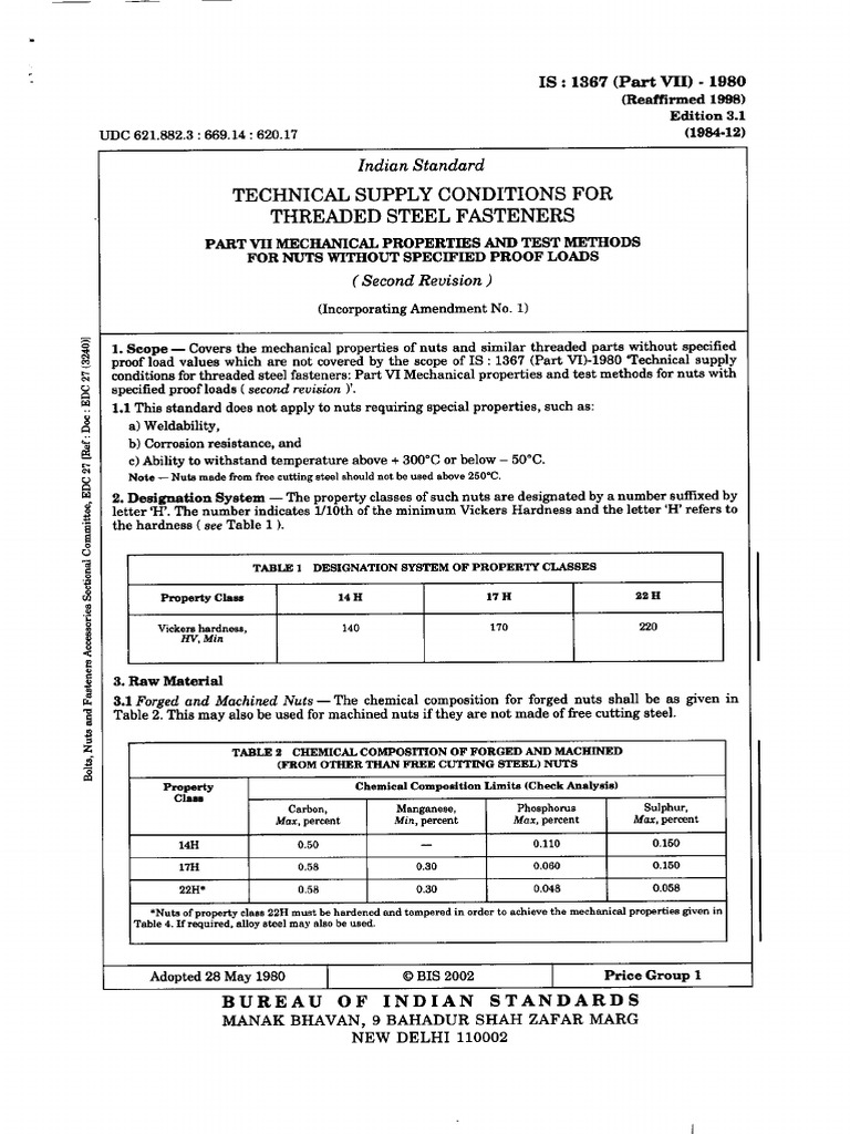 IS 1367 Part VII - 1980 Mechanical Properties & Test Methods | PDF