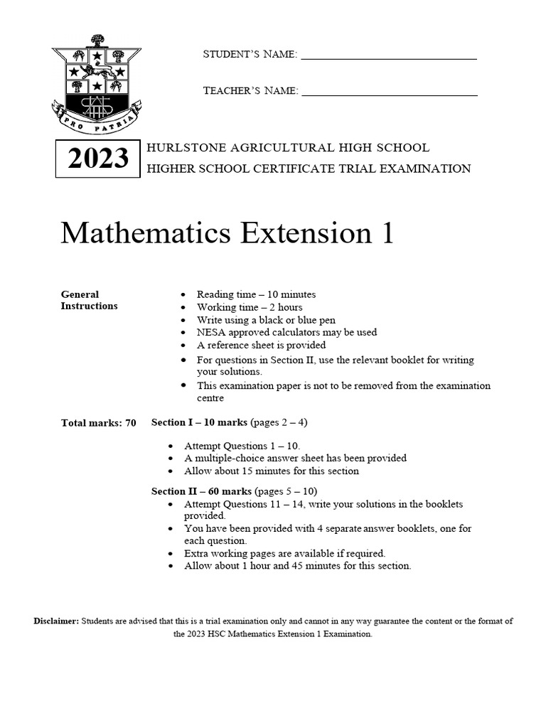 Hurlstone 2023 + Sol | PDF | Equations | Mathematical Concepts