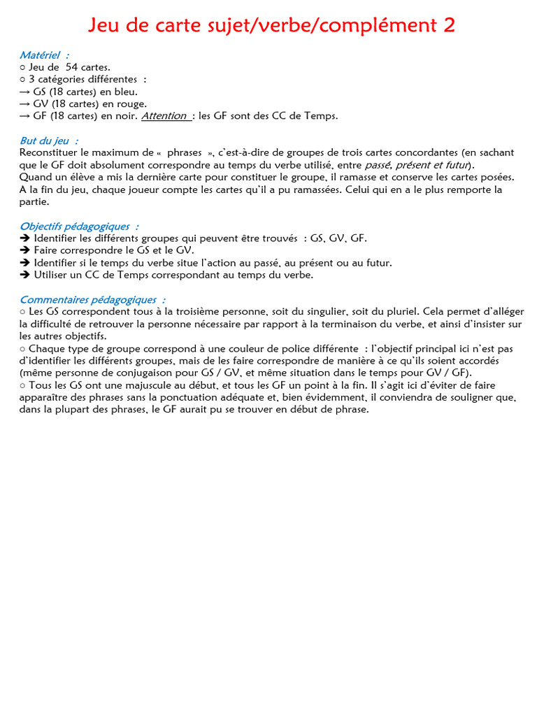 Jeu de Carte Sujet Verbe Complement 2 | PDF
