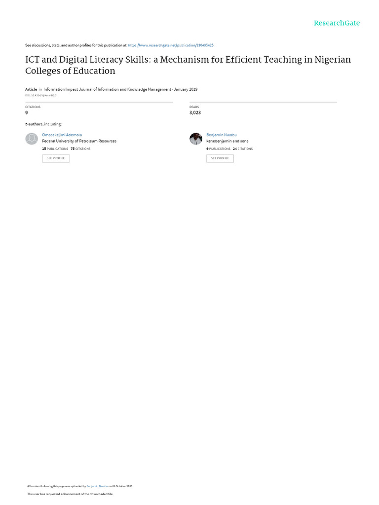 ICT and Digital Literacy Skills A Mechanism For Ef | PDF | Educational ...