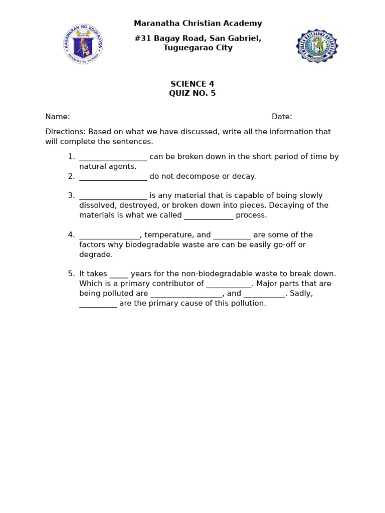 Science 4 Quiz No. 5 | PDF