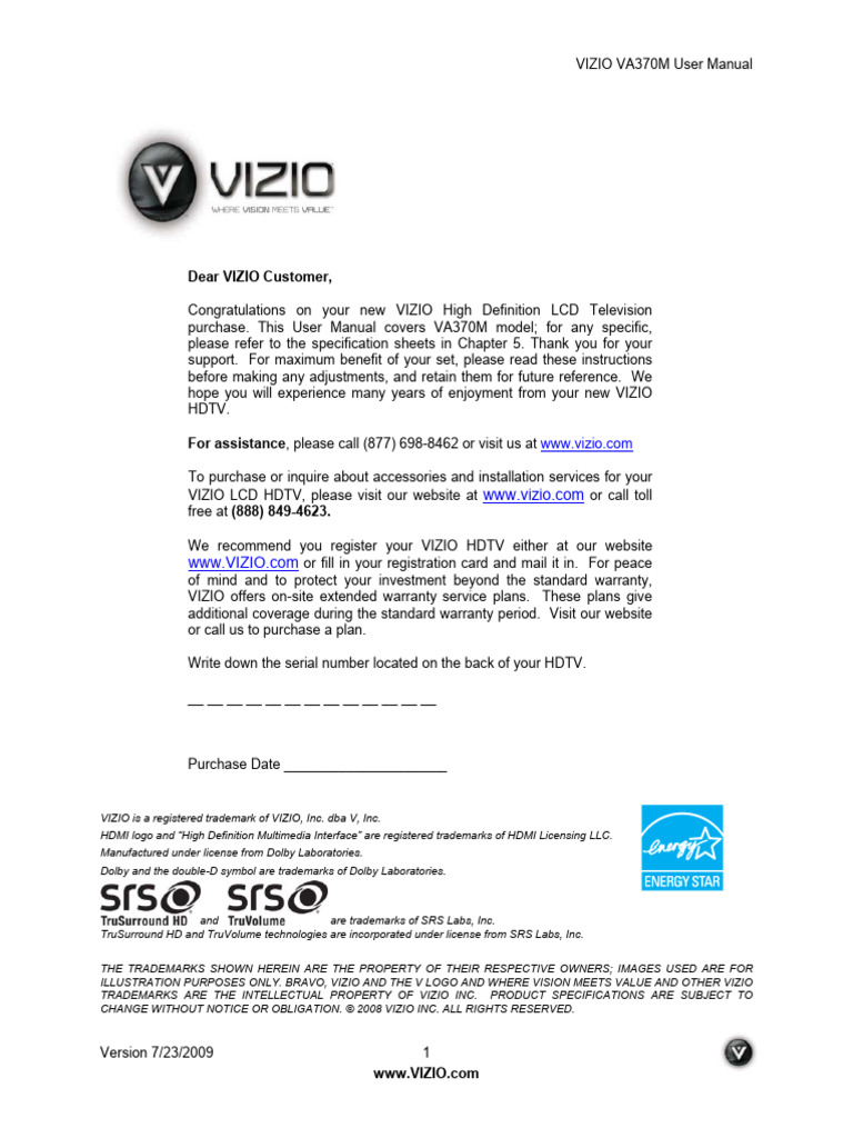Dear VIZIO Customer | PDF