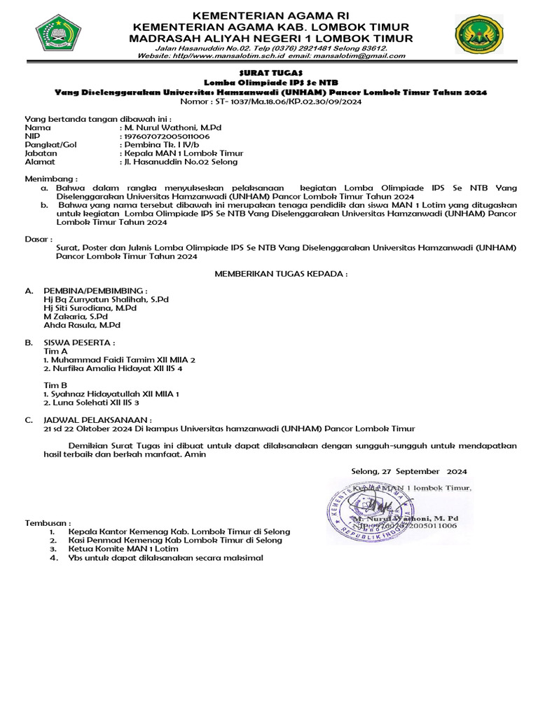 Surat Tugas Lomba Olimpiade Ips Se NTB Di Unham 2024 | PDF