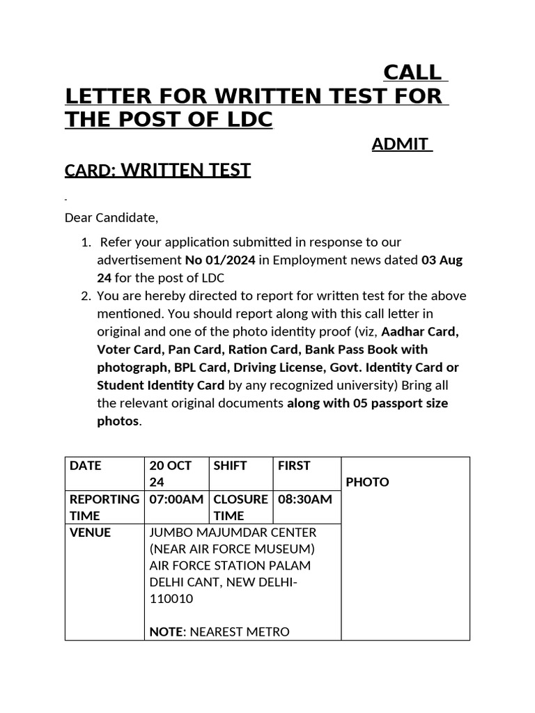 Call Letter For Written Test For The Post of LDC | PDF