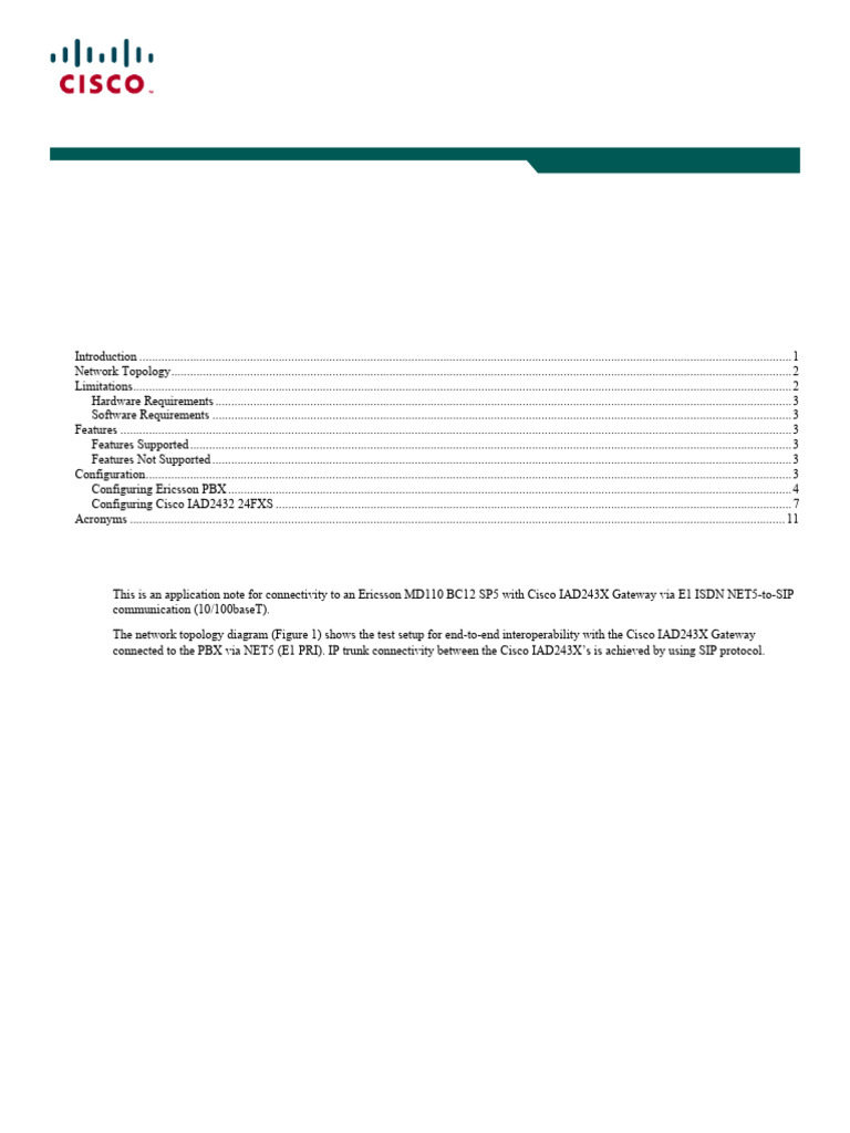 Ericsson MD110 BC12 To A Cisco IAD243X Using E1-ISDN NET5 With SIP | PDF | Computer Network ...