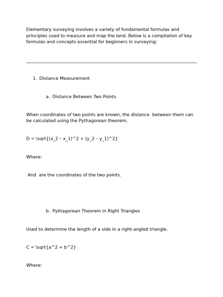 Elementary Surveying Formulas | PDF
